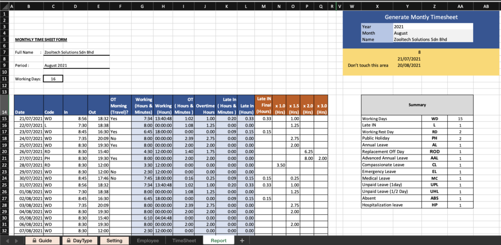 Timesheet Excel Kira Jumlah Jam Kerja Lebih Masa (OT) ⋆ Rekemen