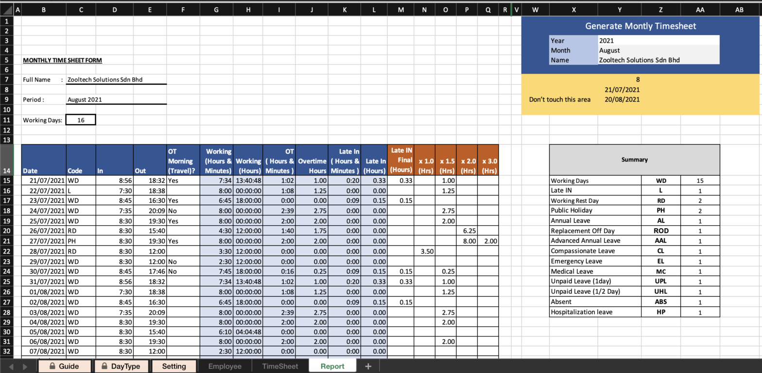 Timesheet Excel Kira Jumlah Jam Kerja Lebih Masa (OT) ⋆ Rekemen